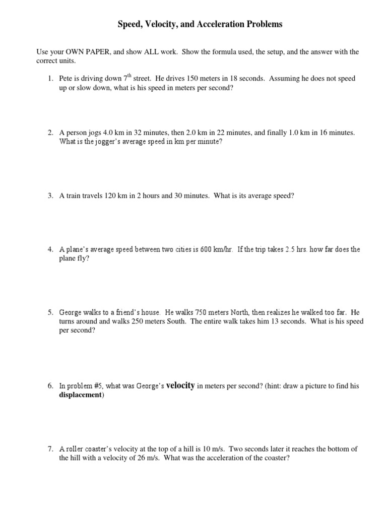 Speed, Velocity, and Acceleration Problems | PDF