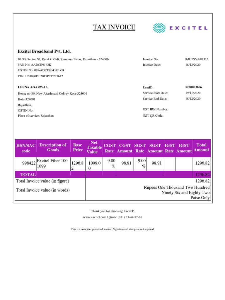 Tax Invoice: Excitel Broadband Pvt. LTD | PDF | Government | Payments