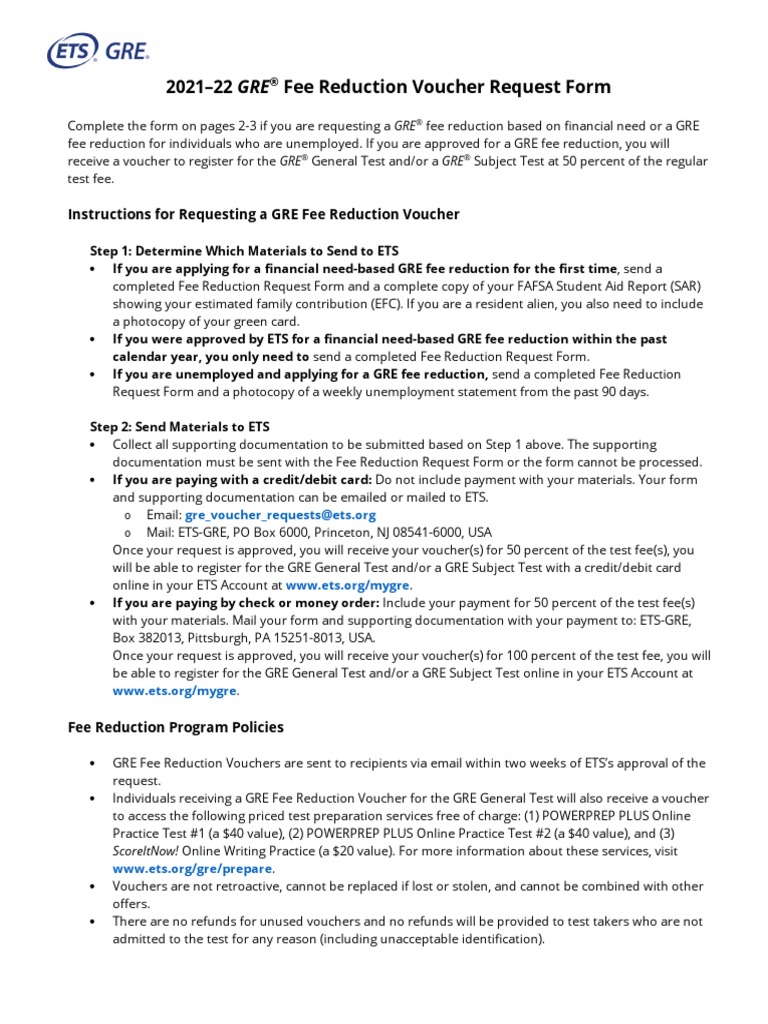 2021-22 GRE Fee Reduction Voucher Request Form | PDF | Graduate Record Examinations | Payments