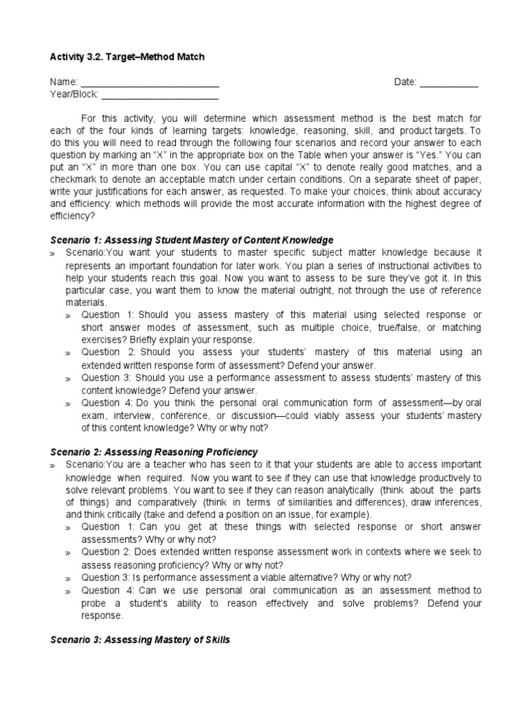 Activity 3. Target Method Match | PDF | Educational Assessment | Question