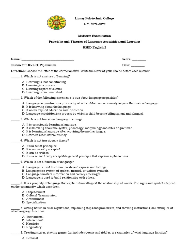 Midterm Examination on Principles and Theories of Language Acquisition ...