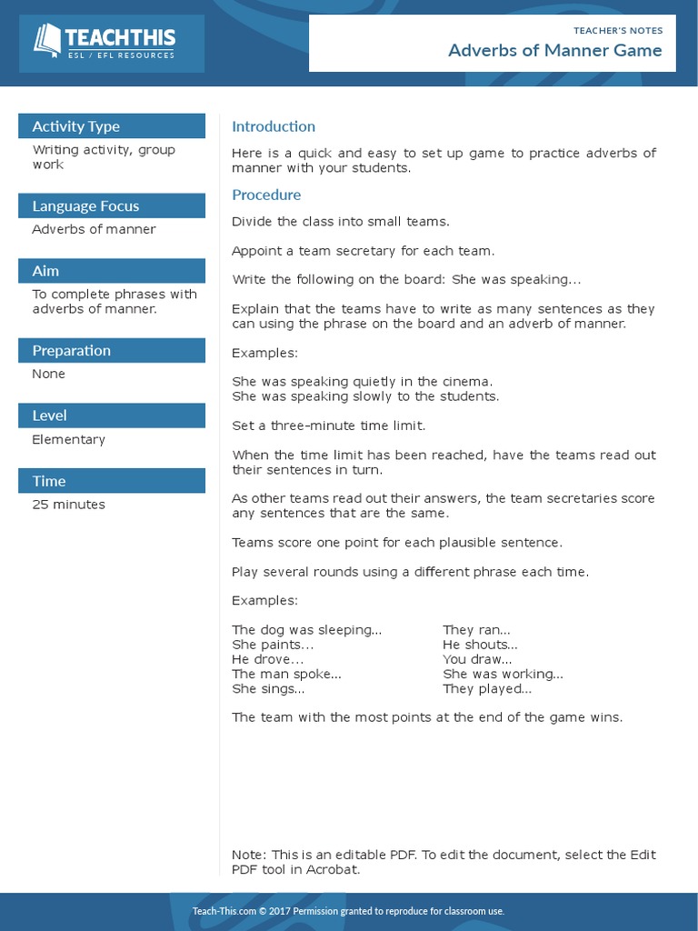 Adverbs of Manner Game | Download Free PDF | English As A Second Or ...