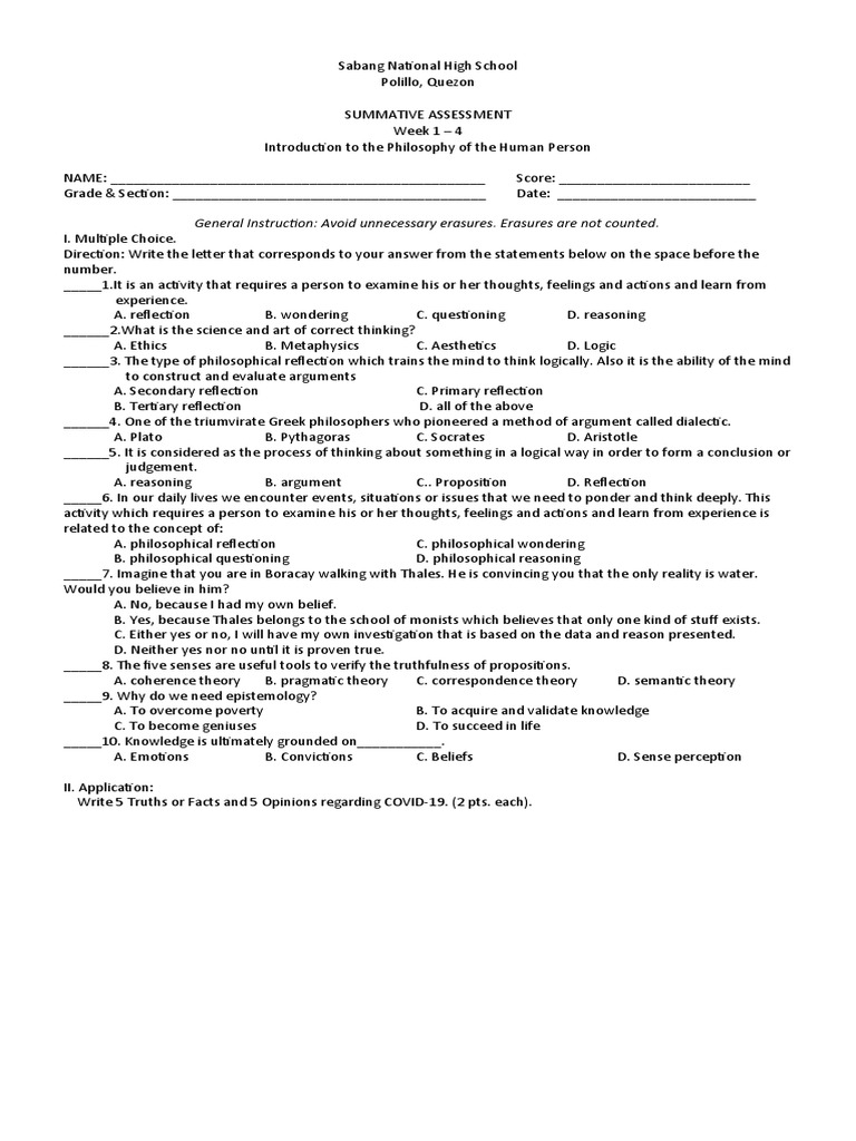 Intro To Philosophy Summative Assessment Week 1 - 4 | PDF | Reason ...