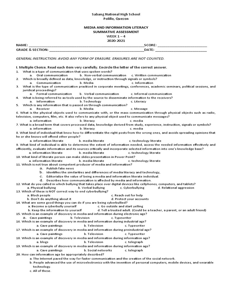 Summative Test Week 1 - 4 Media and Info Literacy | PDF | Communication ...