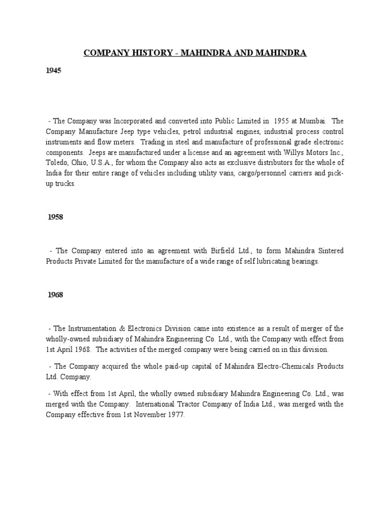Company History - Mahindra and Mahindra | PDF | Vehicles