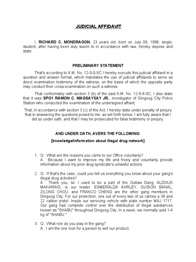 Judicial Affidavit: Preliminary Statement | PDF | Affidavit | Perjury