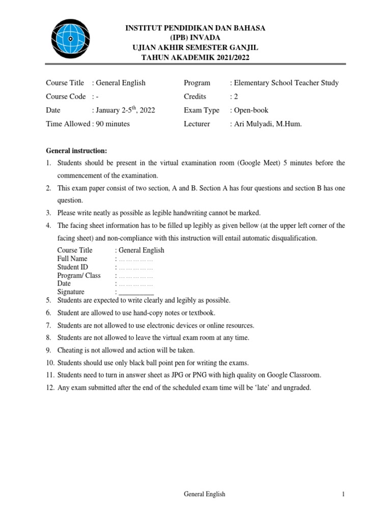 Institut Pendidikan Dan Bahasa (Ipb) Invada Ujian Akhir Semester Ganjil ...