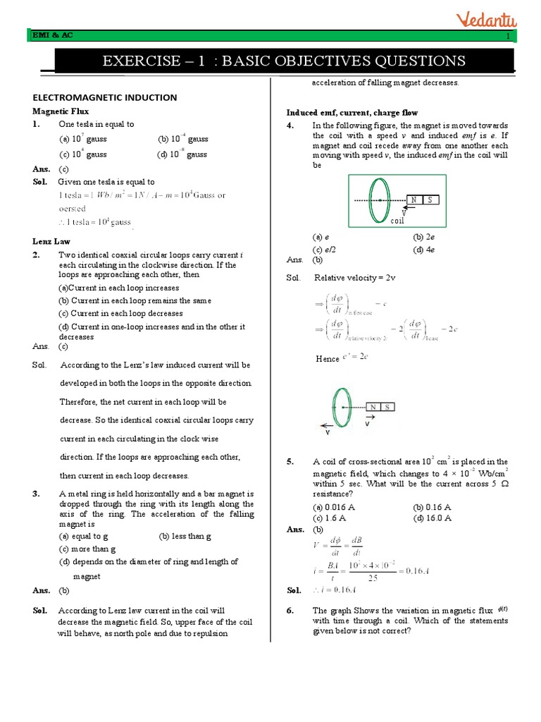 Exercise - 1: Basic Objectives Questions: Electromagnetic Induction ...