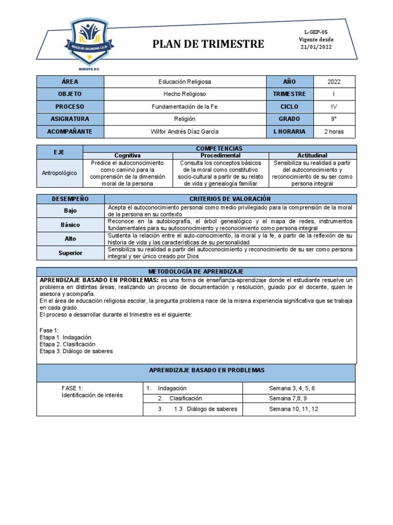 Plan Trimestral 1 Trimestre 9º | PDF | Aprendizaje | Cognición