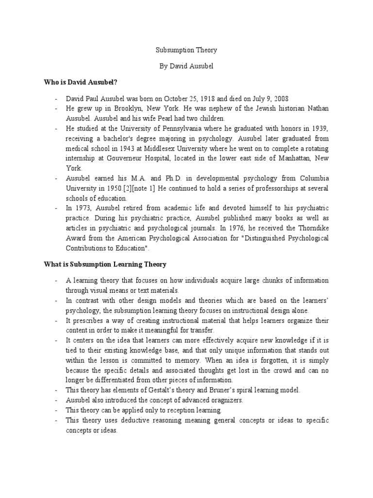 David Ausubel's Subsumption Theory of Meaningful Learning: An Overview ... David Ausubel's Subsumption Theory of Meaningful Learning: An Overview ...