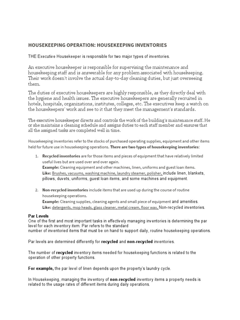 Housekeeping Operation: Housekeeping Inventories: Par Levels | PDF ...