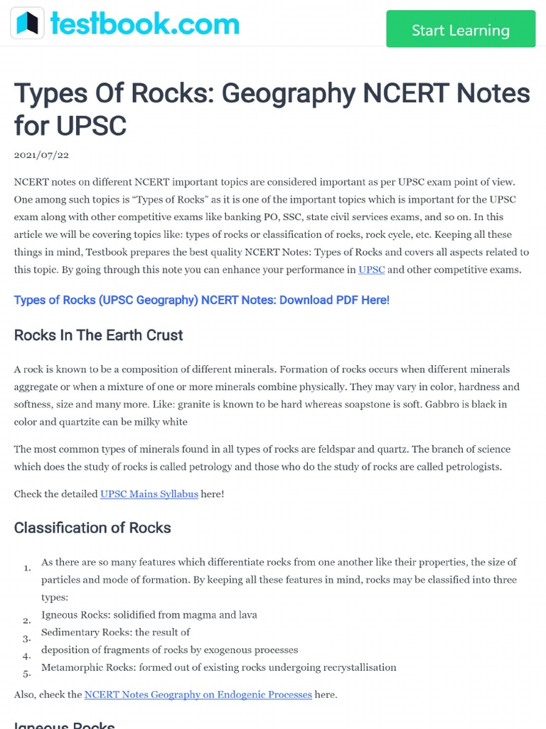 Ncert Notes Geography Different Types of Rocks | PDF