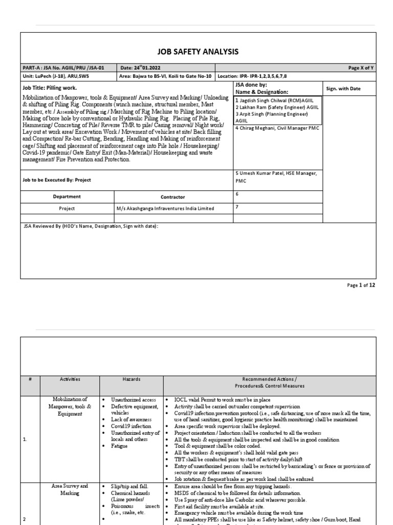 Jsa For Pilling Work Pdf Fires Crane Machine