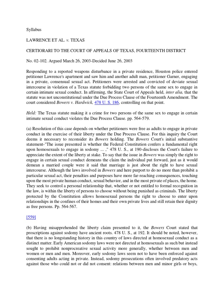 Lawrence V Texas Syllabus | PDF | Lawrence V. Texas | Sodomy Law