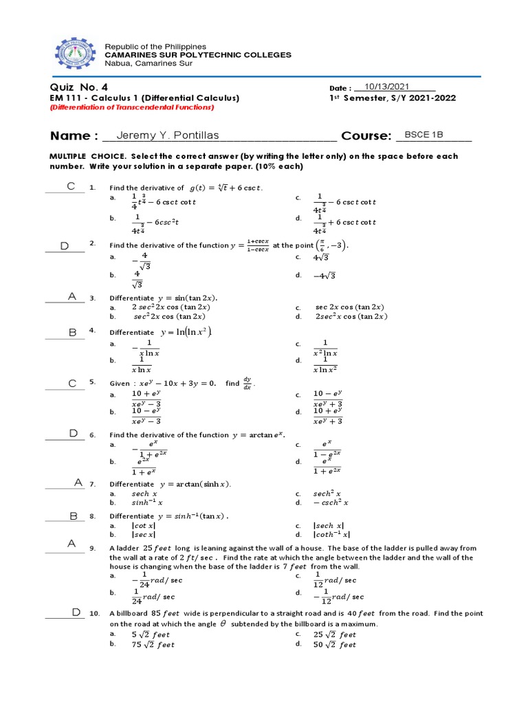 Calculus 1 Quiz on Differentiation | PDF | Trigonometric Functions ...