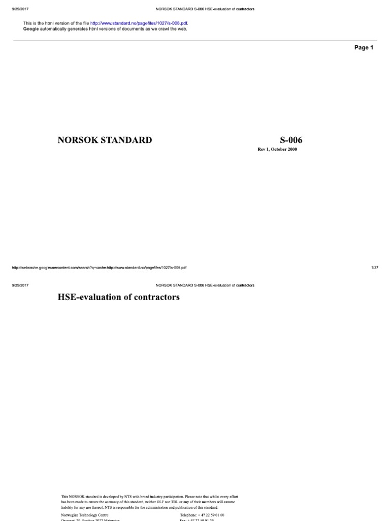 NORSOK STANDARD S-006 HSE-evaluation of Contractors | PDF