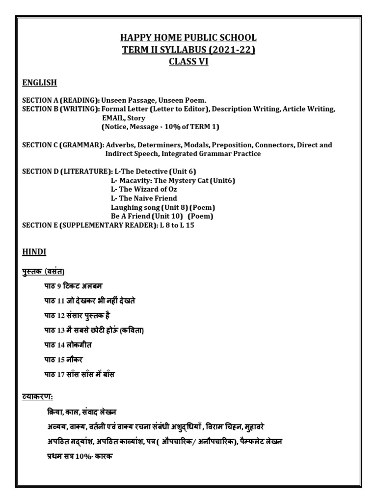 Happy Home Public School TERM II SYLLABUS (2021-22) Class Vi | PDF