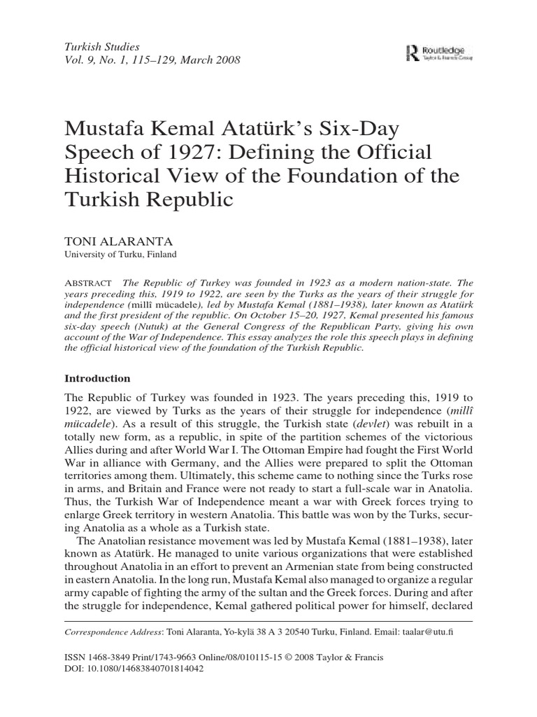 Mustafa Kemal Atatürk's Six-Day Speech of 1927: Defining The Official ...