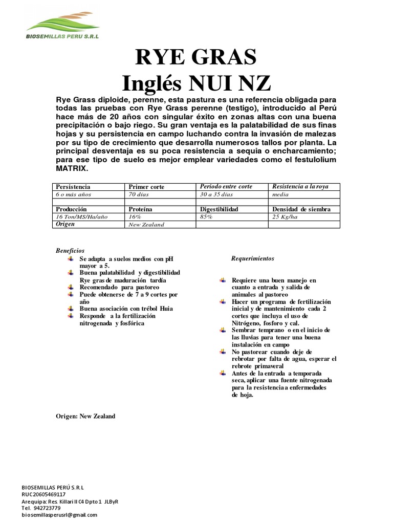 Ficha Técnica de Rye Grass NUI | PDF | Fertilizante | Botánica