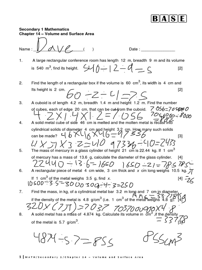 Volume and Surface Area Exercises | PDF | Volume | Density