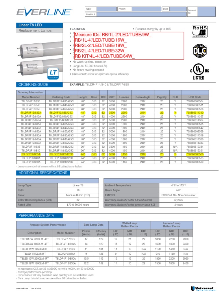 Universal Everline LED T8 Tube | PDF | Vacuum Tube | Fluorescent Lamp