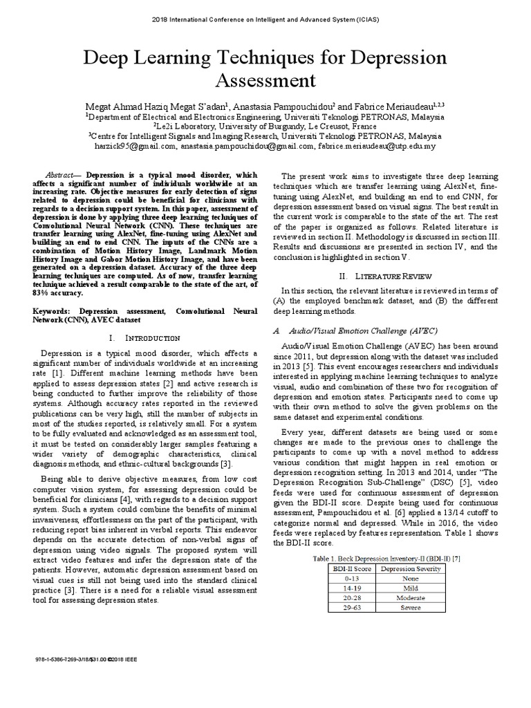 Deep Learning Techniques For Depression Assessment | PDF | Deep ...