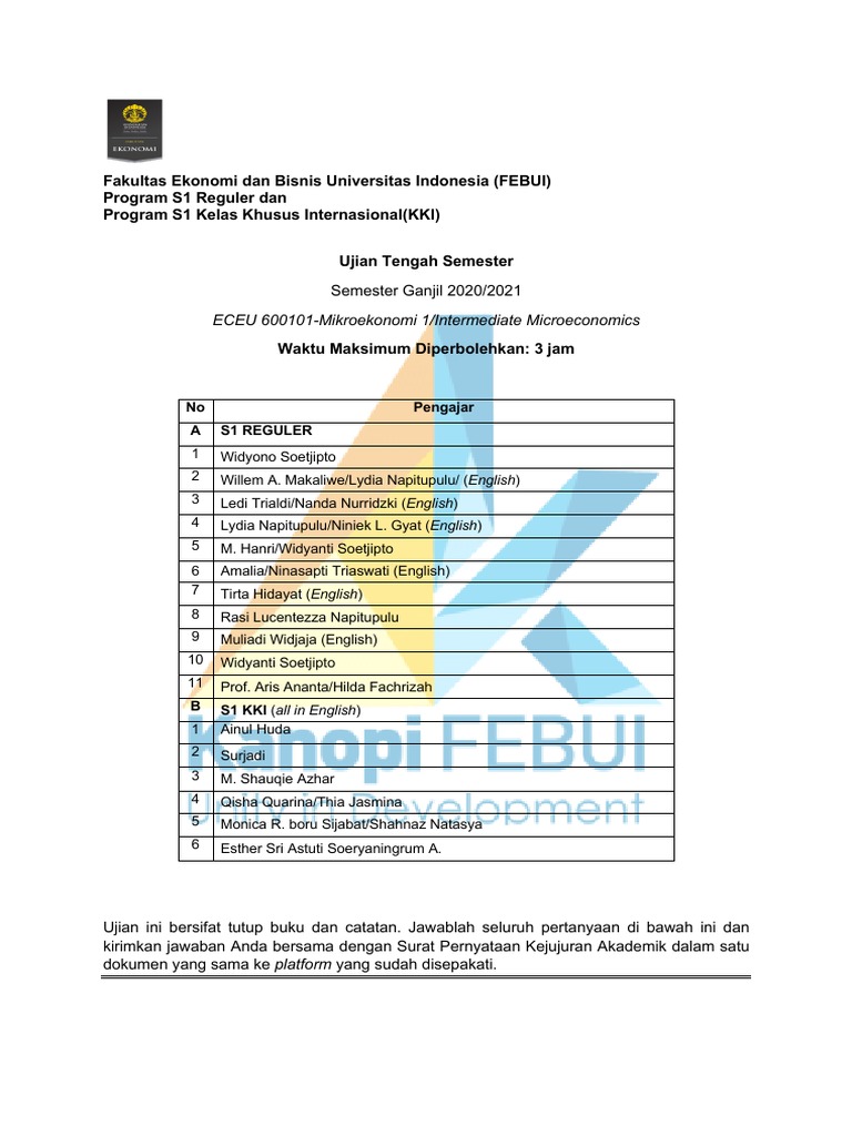 Soal UTS Mikro 1 Ganjil 2020 2021 INDO | PDF | Bisnis