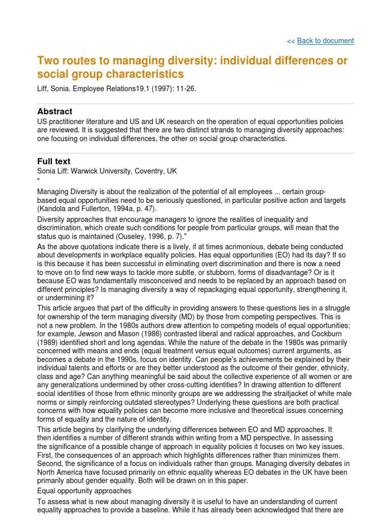 Two Routes To Managing Diversity - Individual Differences or Social ...