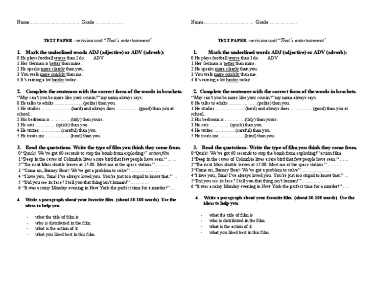 TEST PAPER VIII That's Entertainment | PDF | Adverb | Language Mechanics
