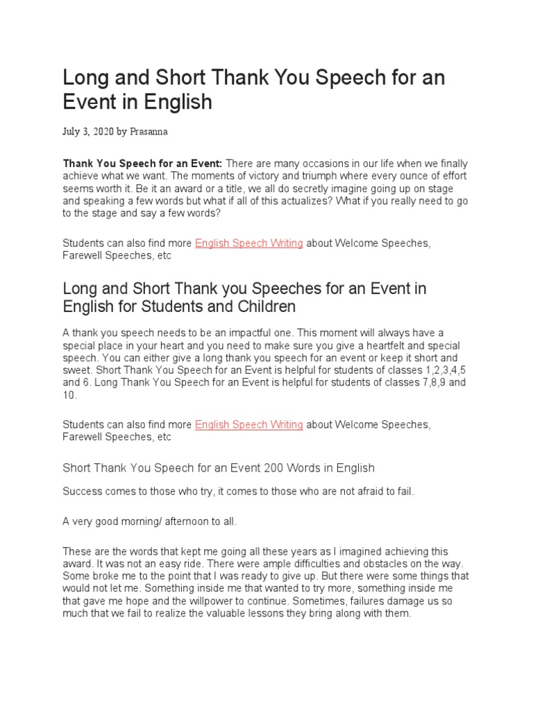 Long and Short Thank You Speech For An Event in English | PDF