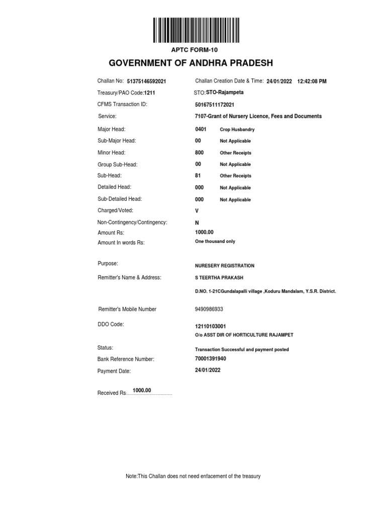 Government of Andhra Pradesh: Aptc Form-10 | PDF