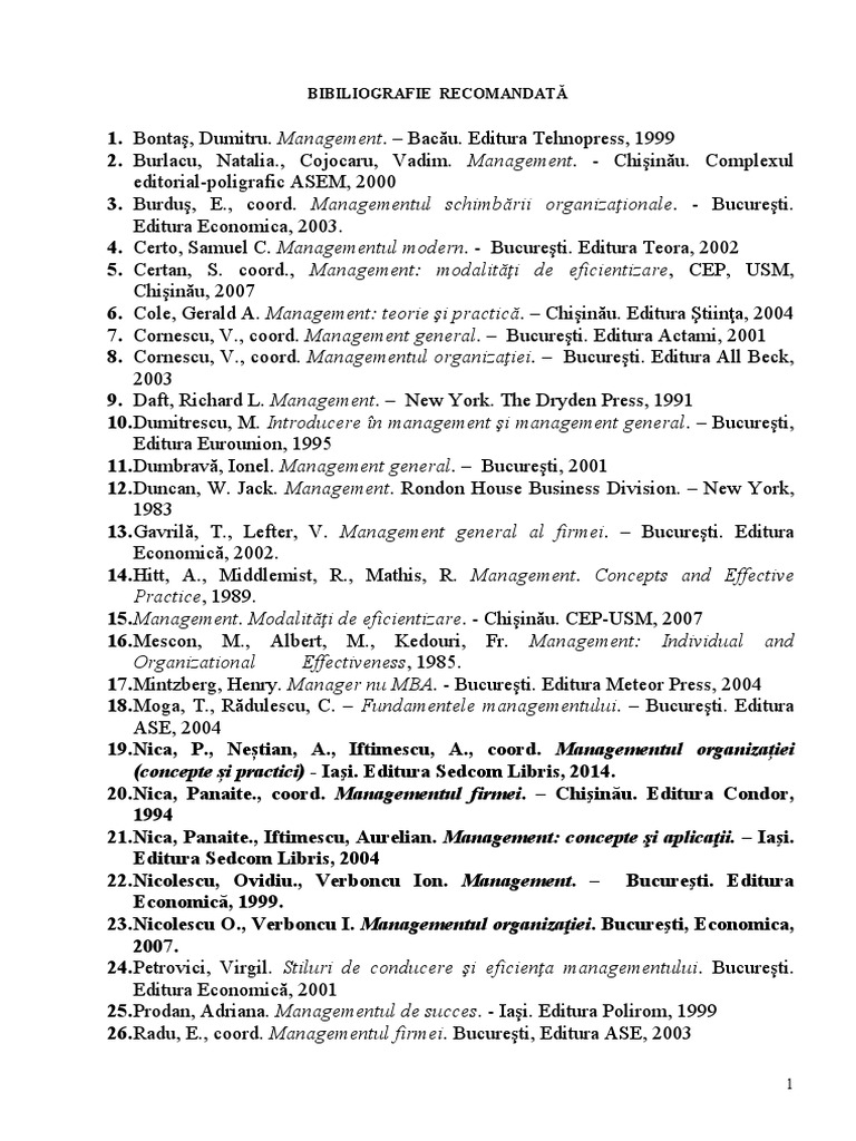 Bibliografie Recomandata Pentru Cursul MANAGEMENT | PDF