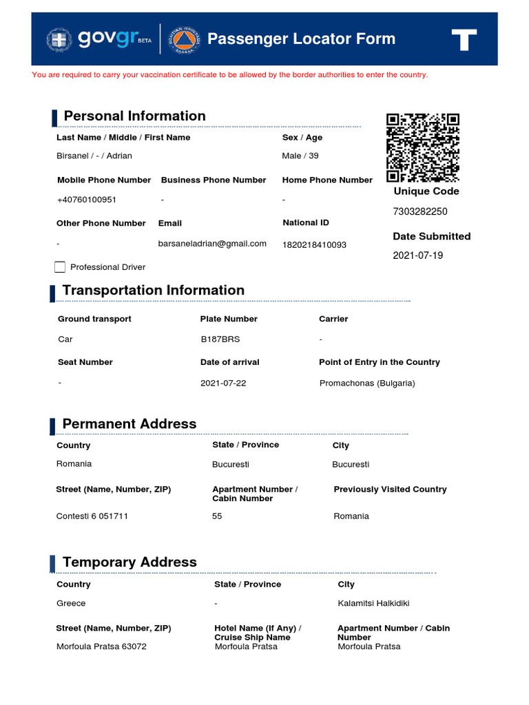 Passenger Locator Form: Personal Information | PDF | Transport