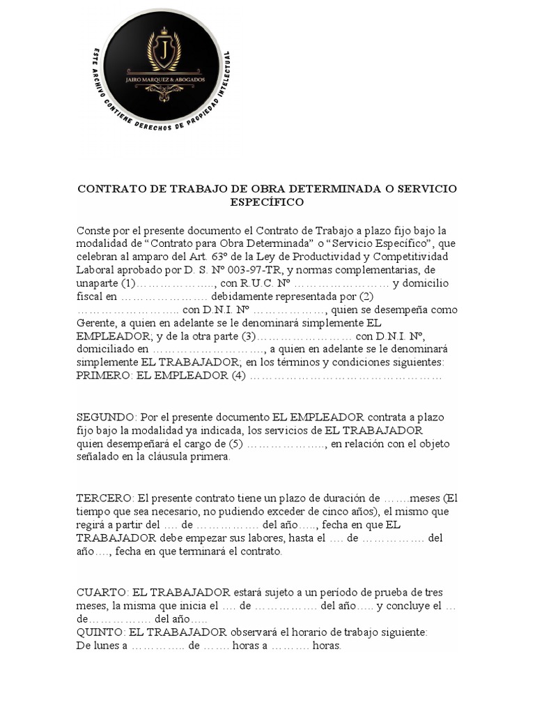 Contrato de Trabajo de Obra Determinada o Servicio | PDF | Derecho laboral | Personal