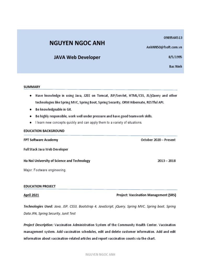 Nguyen Ngoc Anh: JAVA Web Developer | PDF | Spring Framework | J Query