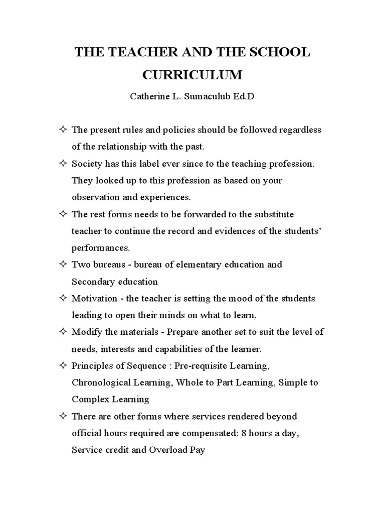 Notes - THE TEACHER AND THE SCHOOL CURRICULUM | PDF | Learning | Curriculum