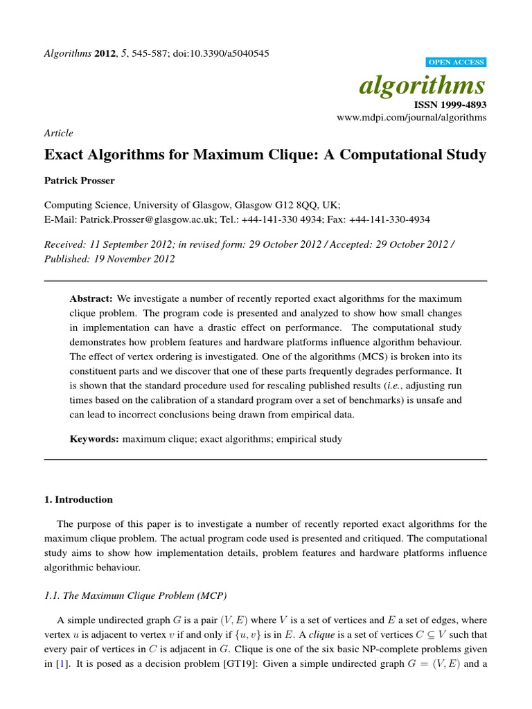 Algorithms: Exact Algorithms For Maximum Clique: A Computational Study | PDF | Vertex (Graph ...