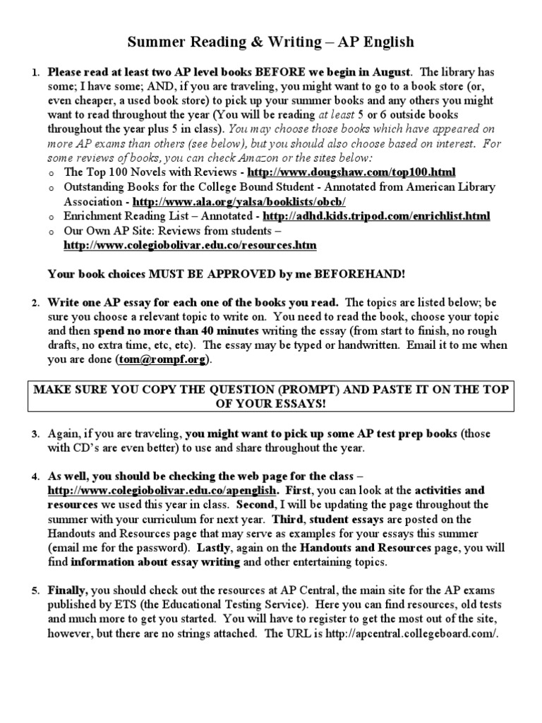 AP Summer Work | PDF | The Awakening (Chopin Novel) | Essays