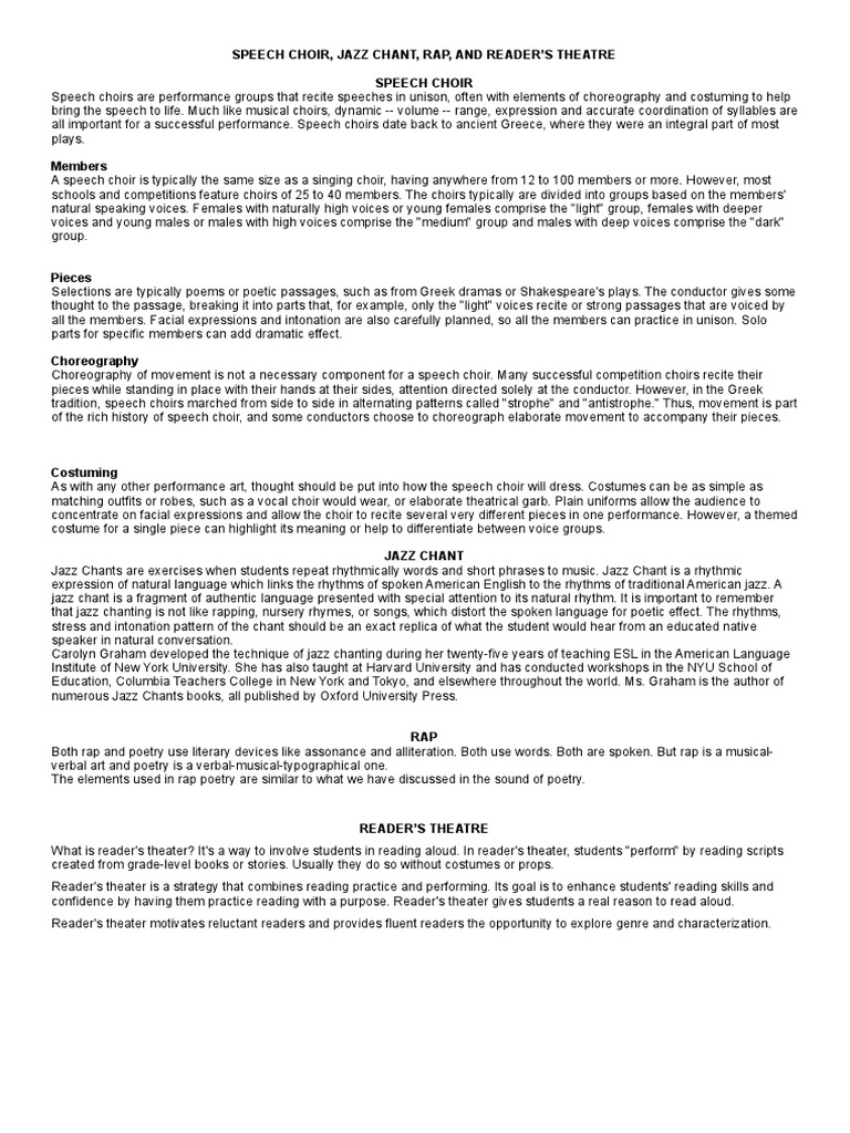 Jazz Chant, Rap, Speech Choir and Reader's Theatre | PDF | Choir | Poetry