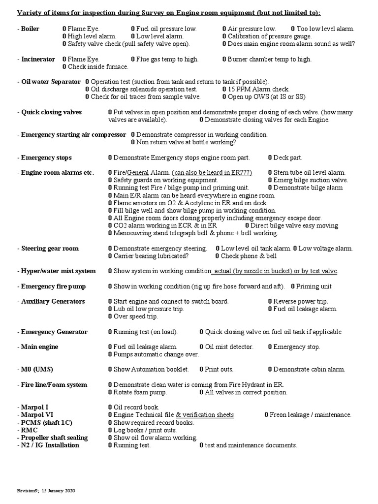 Checklist Items For Inspection During Annual Survey Engine Room ...