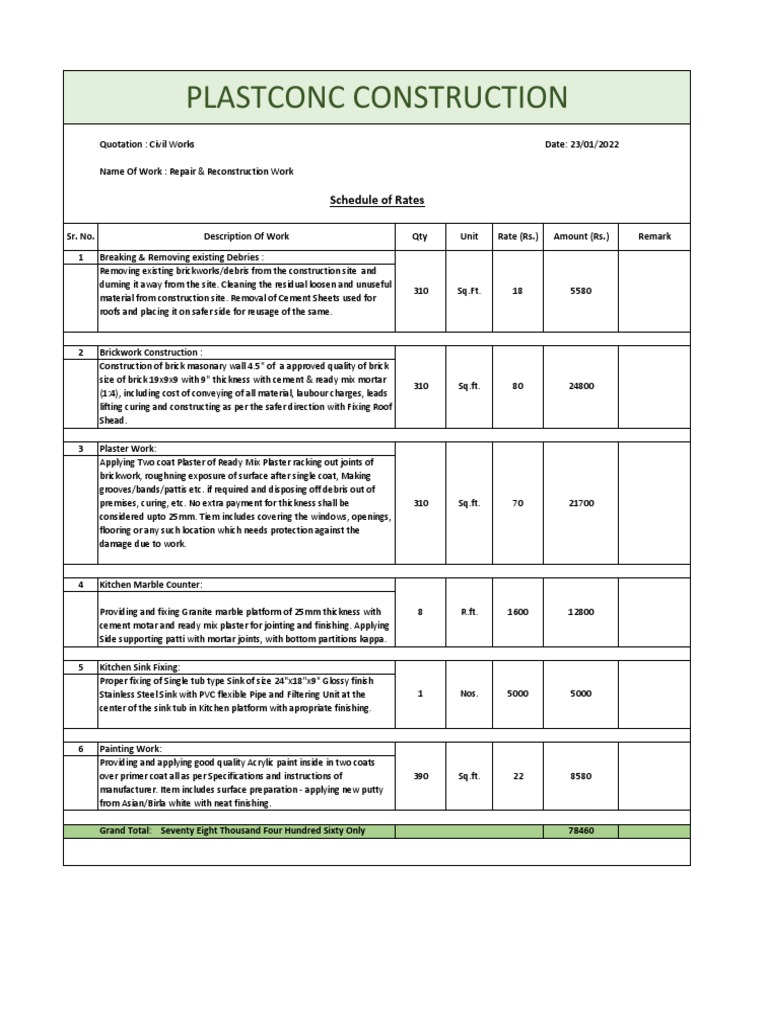 Quotation of Kitchen Construction | PDF | Plaster | Mortar (Masonry)