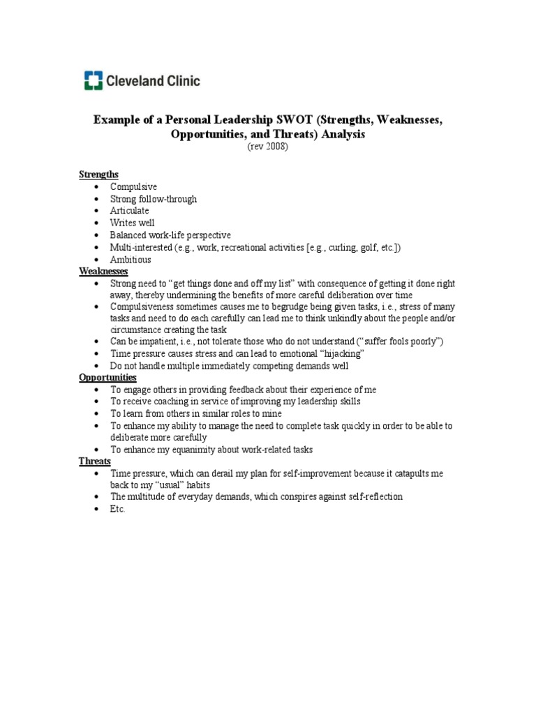 Example Personal SWOT Analysis Template | PDF | Swot Analysis | Leadership