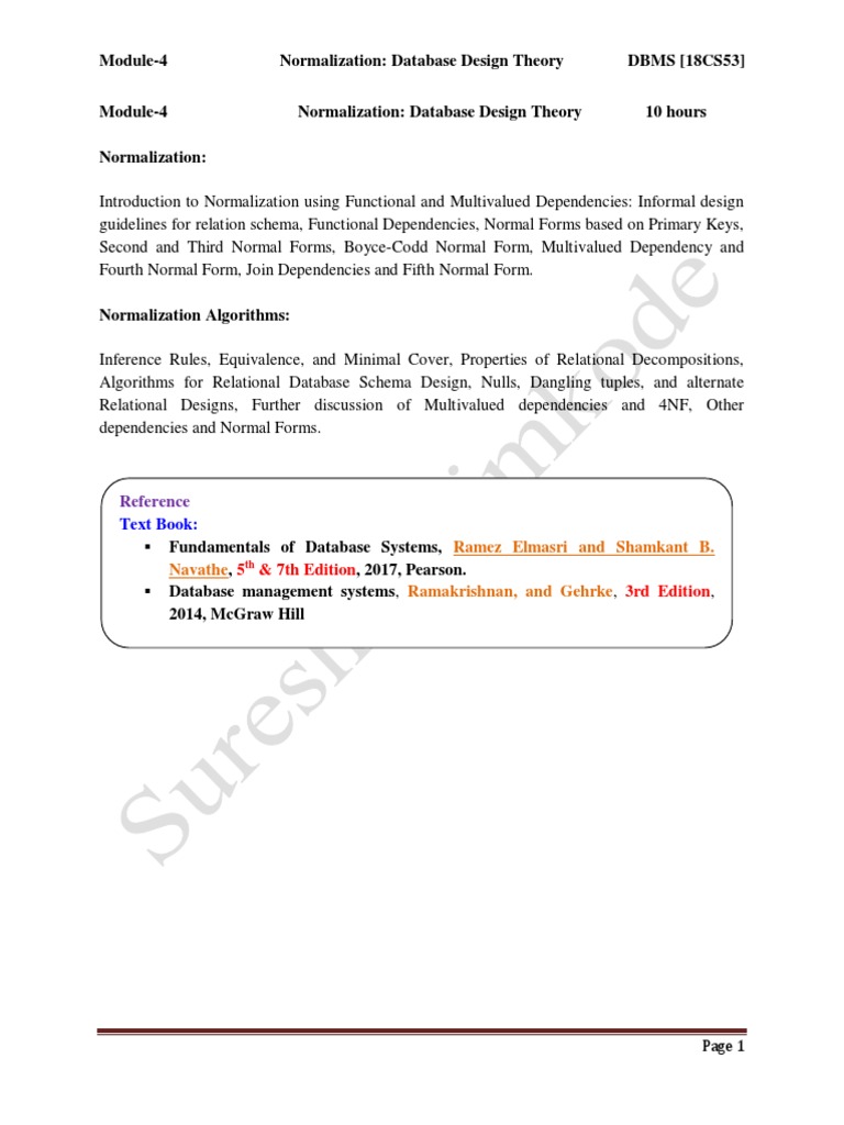 Module-4 Normalization: Database Design Theory DBMS (18CS53) | PDF ...