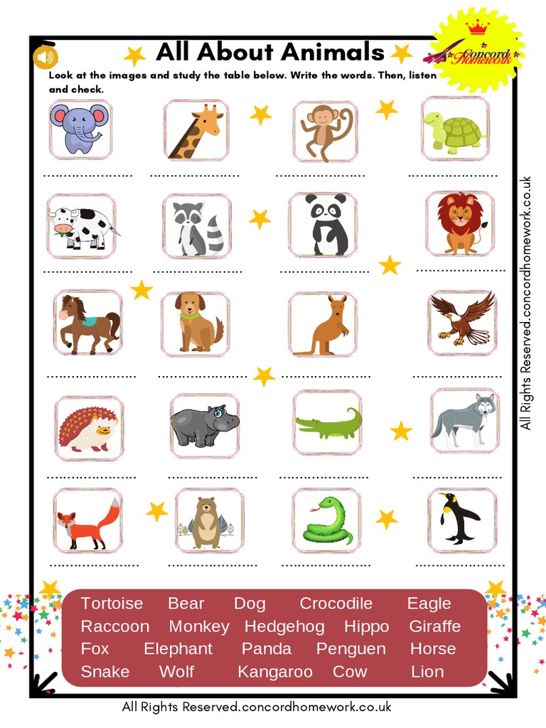 All About Animals English Names Reading Listening and Writing Worksheet ...