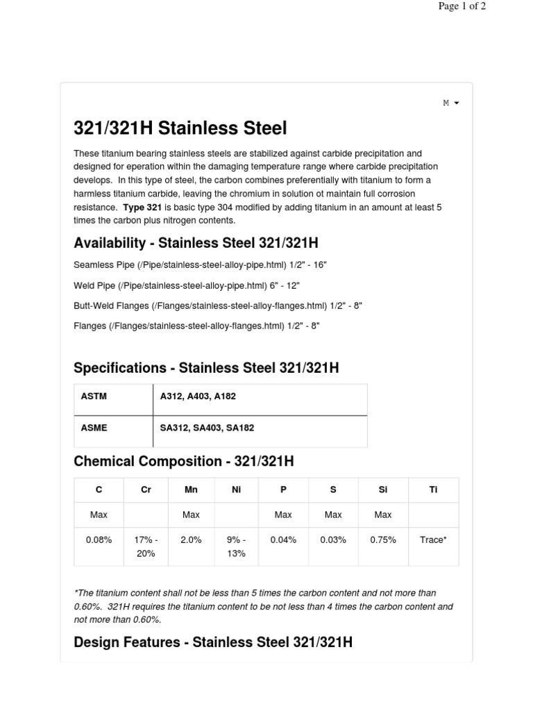 Stainless Steel 321/321H Specs | PDF | Stainless Steel | Titanium
