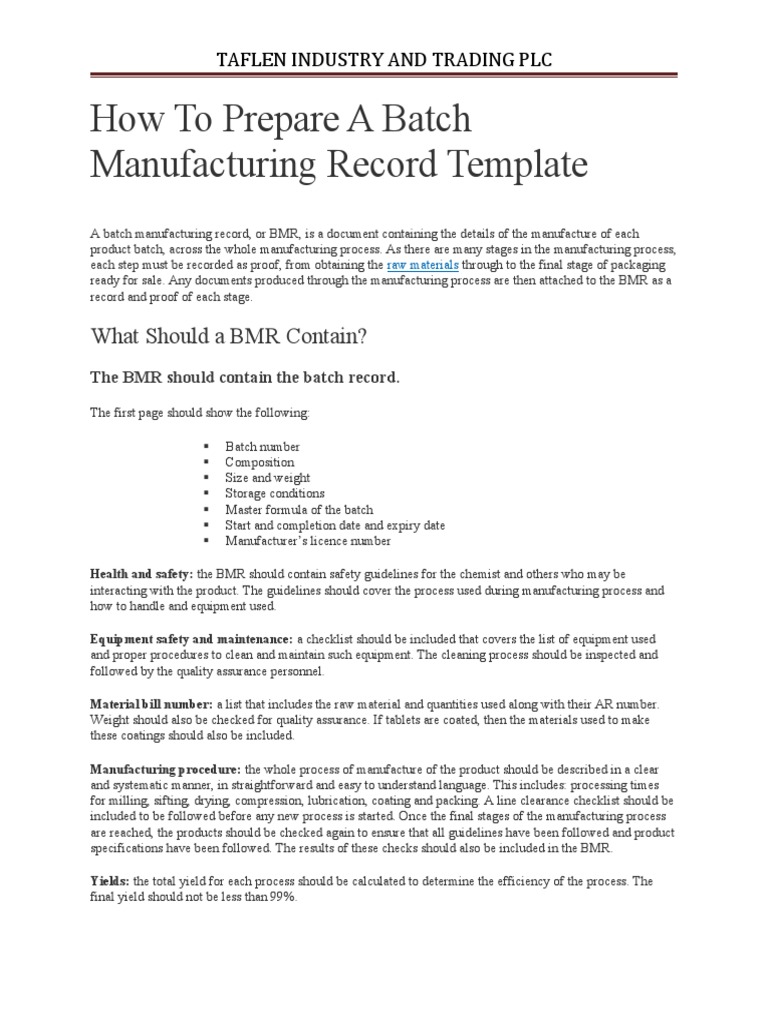 How To Prepare A Batch Manufacturing Record Template: What Should A BMR Contain? | PDF ...