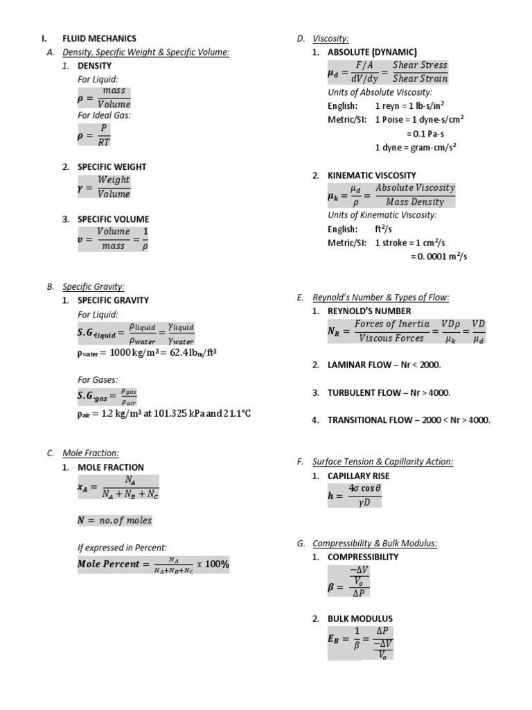 Fluid Mechanics Formulas | PDF | Fluid Dynamics | Viscosity