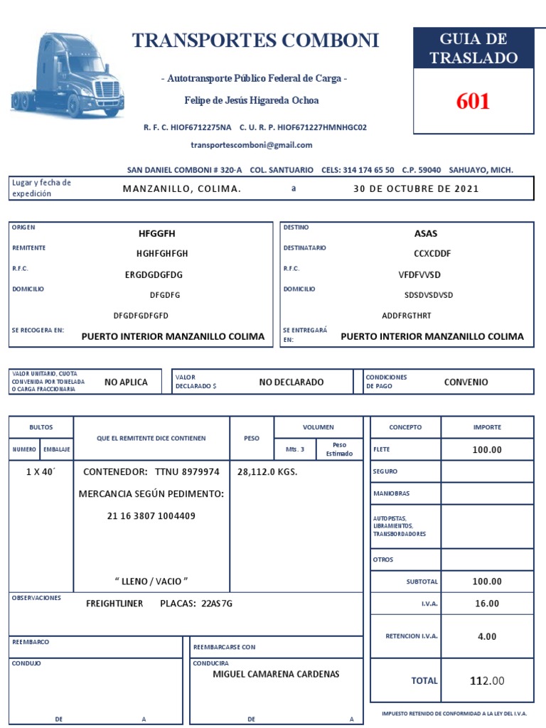 Guía de Traslado - Transportes Comboni | PDF
