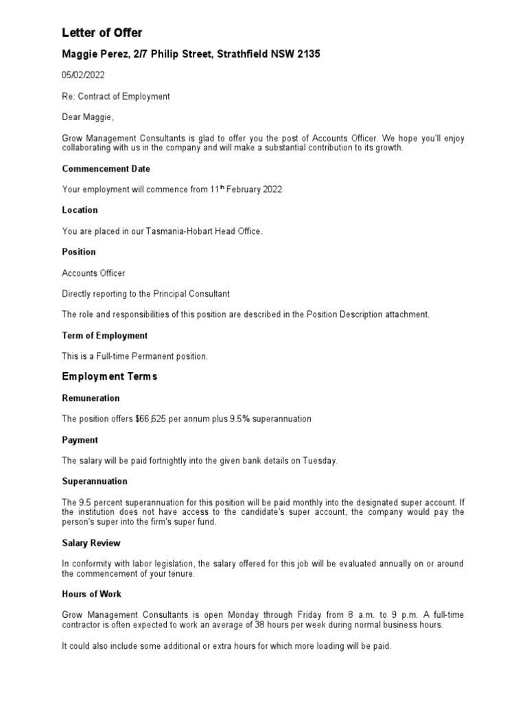 Letter of Offer: Maggie Perez, 2/7 Philip Street, Strathfield NSW 2135 ...