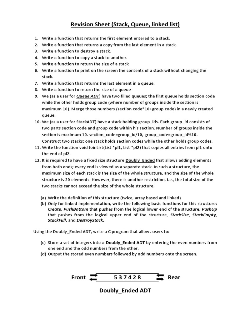 Revision Sheet (Stack, Queue, Linked List) | PDF | Queue (Abstract Data ...